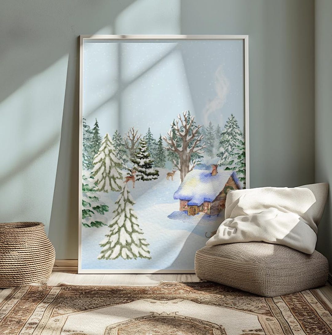 Whimsical Snowy Christmas Cabin Wall Poster Download - Etsy