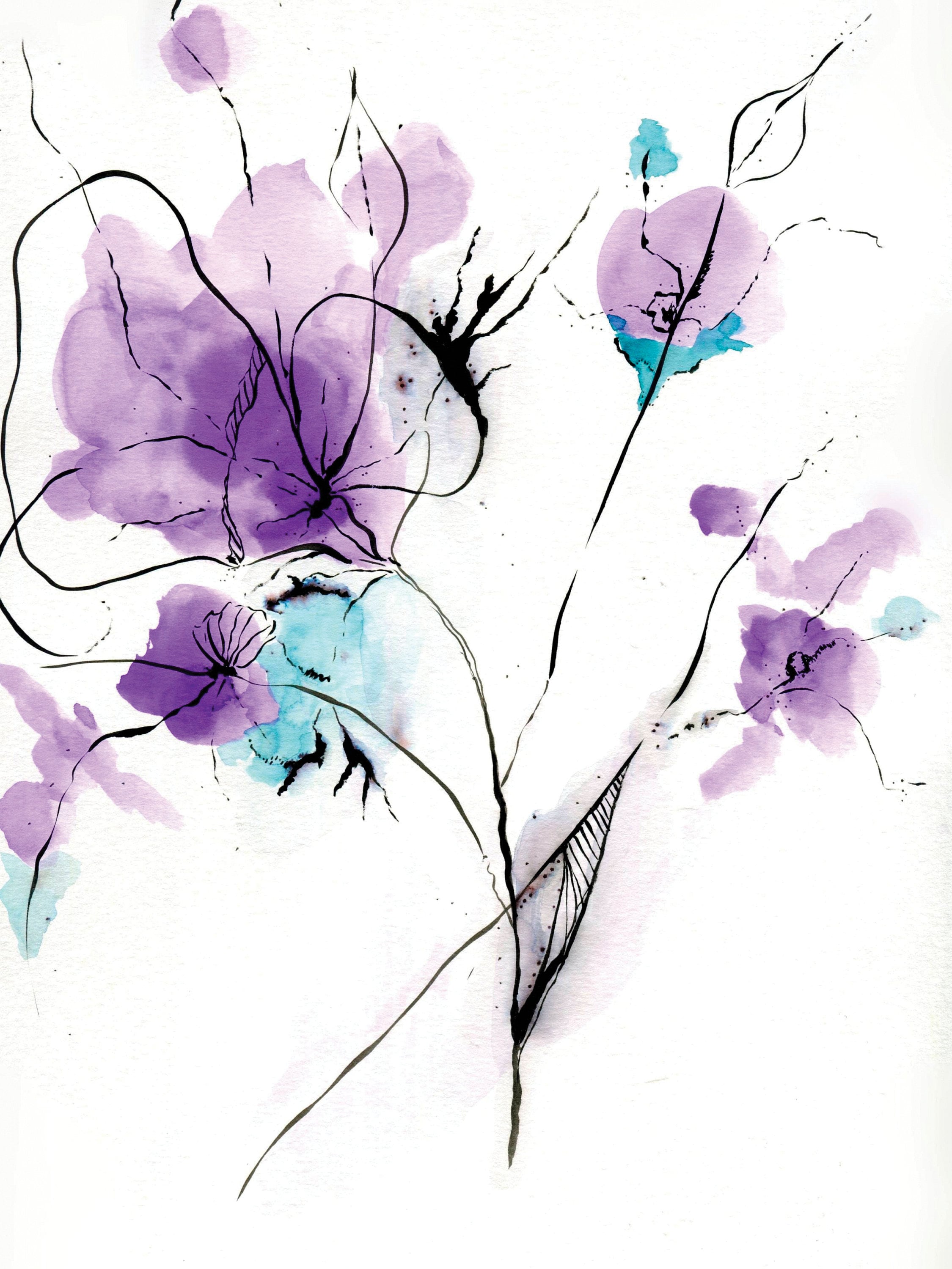 Teal and Purple Flower Abstract Watercolor Painting - Digital Download ...