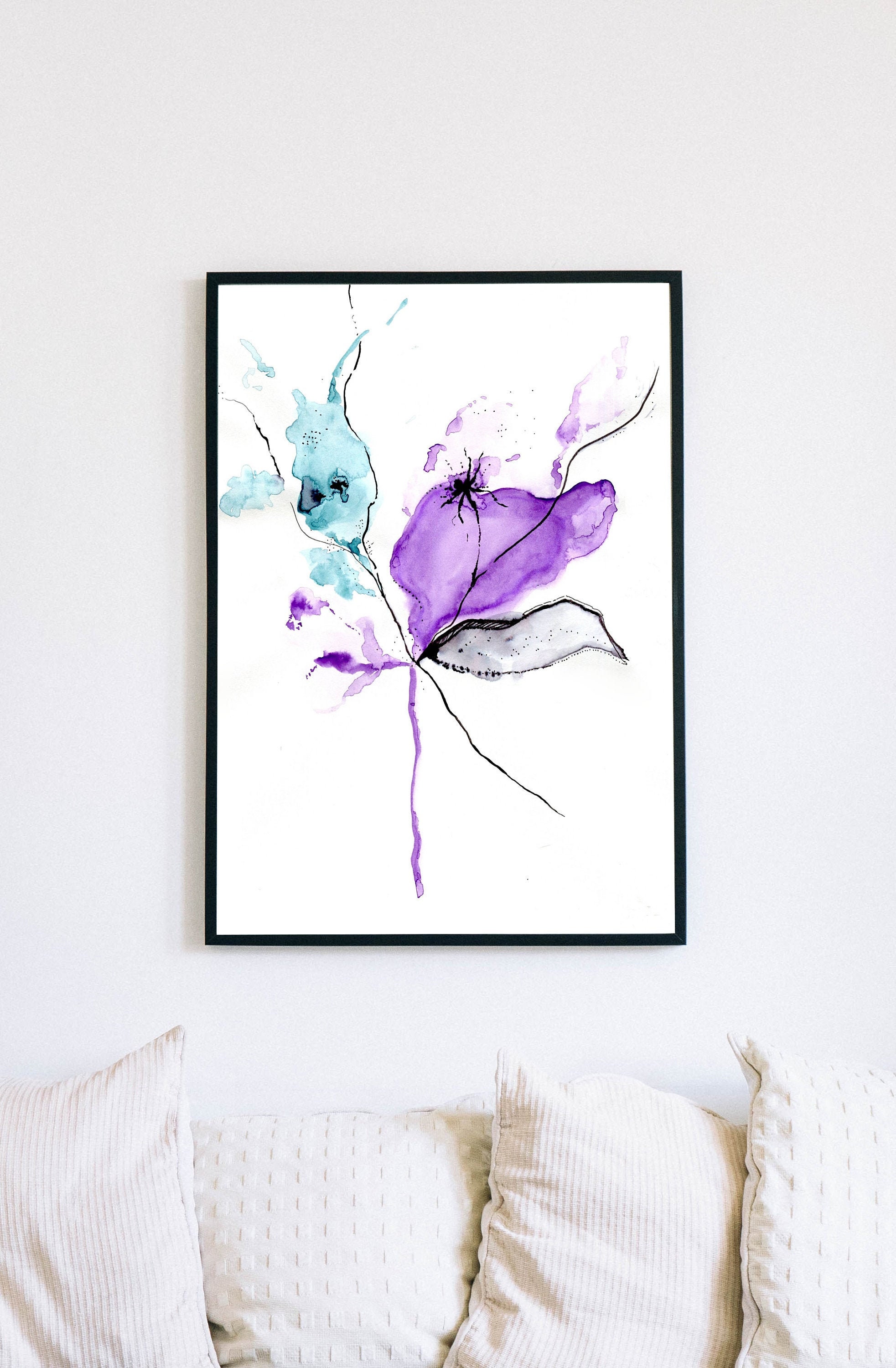 Abstract Teal Purple Watercolor Flower Print, Teal Wall Art,poster ...