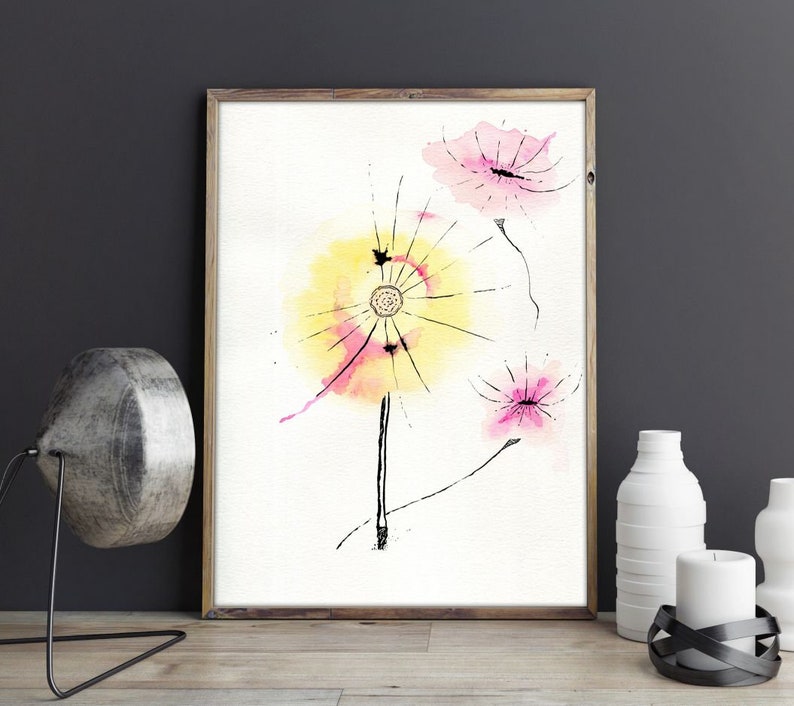 Yellow Dandelion Flower Watercolor Painting, Printable Wall Art, Large ...