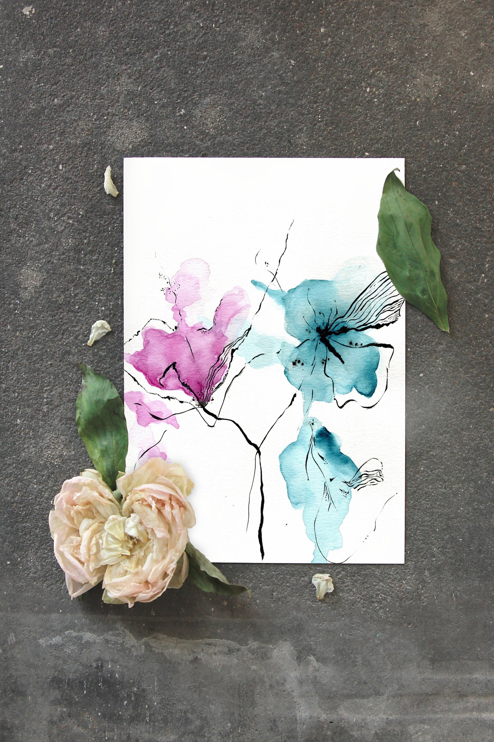 Abstract Teal Pink Watercolor Flower Print, Teal Wall Art,poster Print ...