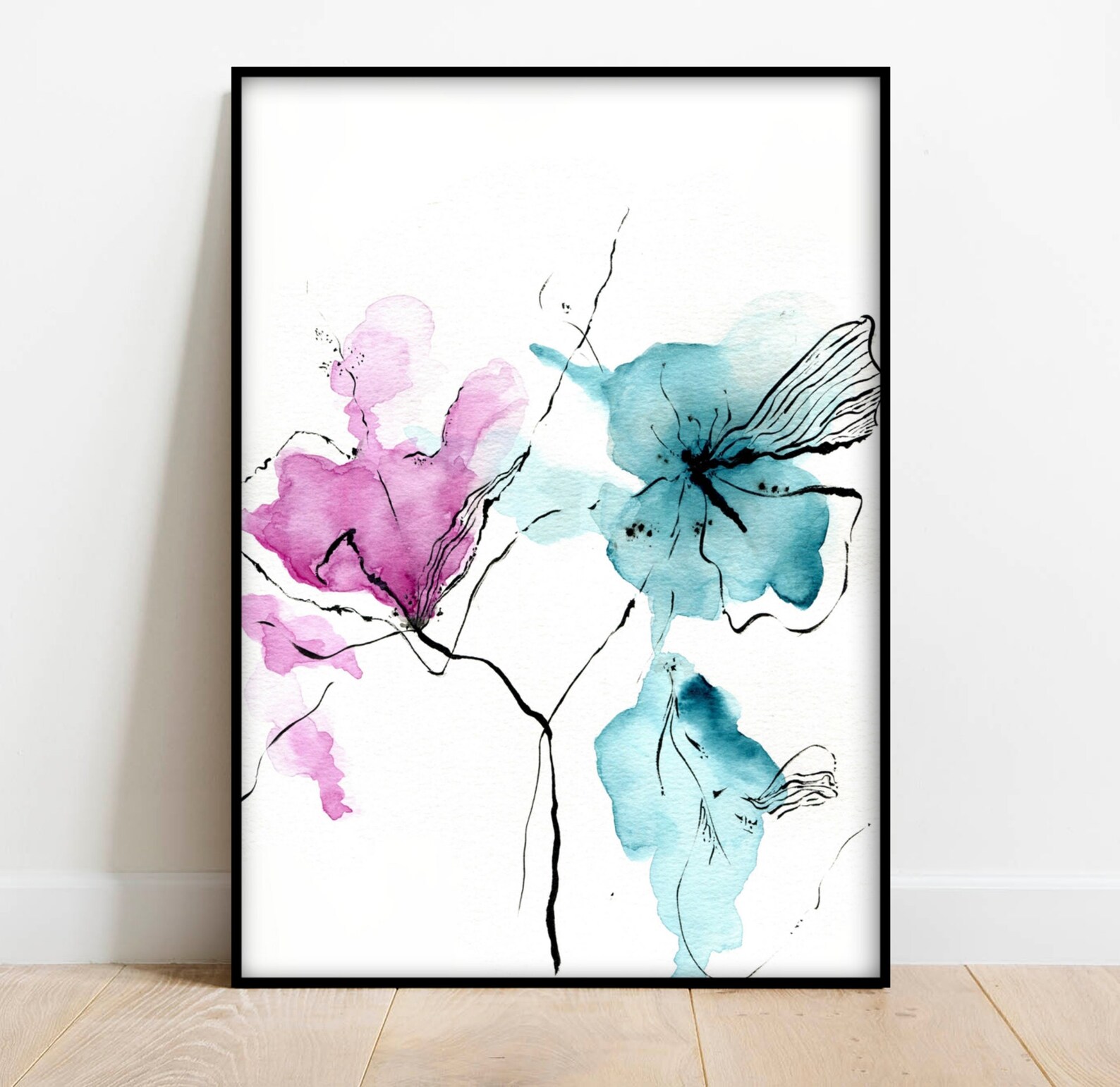 Abstract Teal Pink Watercolor Flower Print, Teal Wall Art,poster Print ...