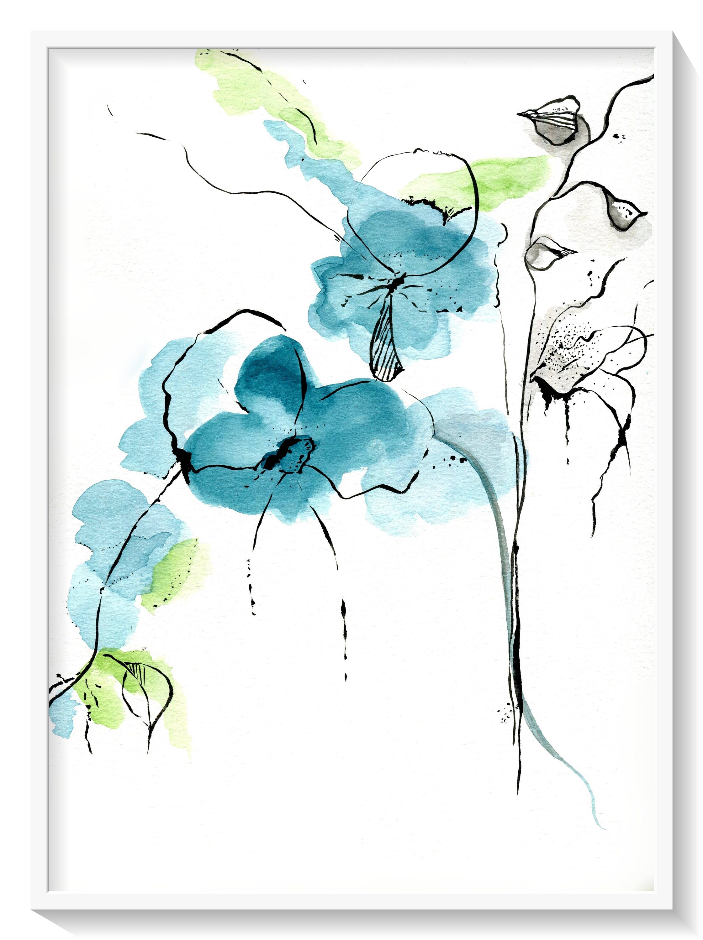 Original Teal Flower Watercolor Painting Printable Wall Art | Etsy