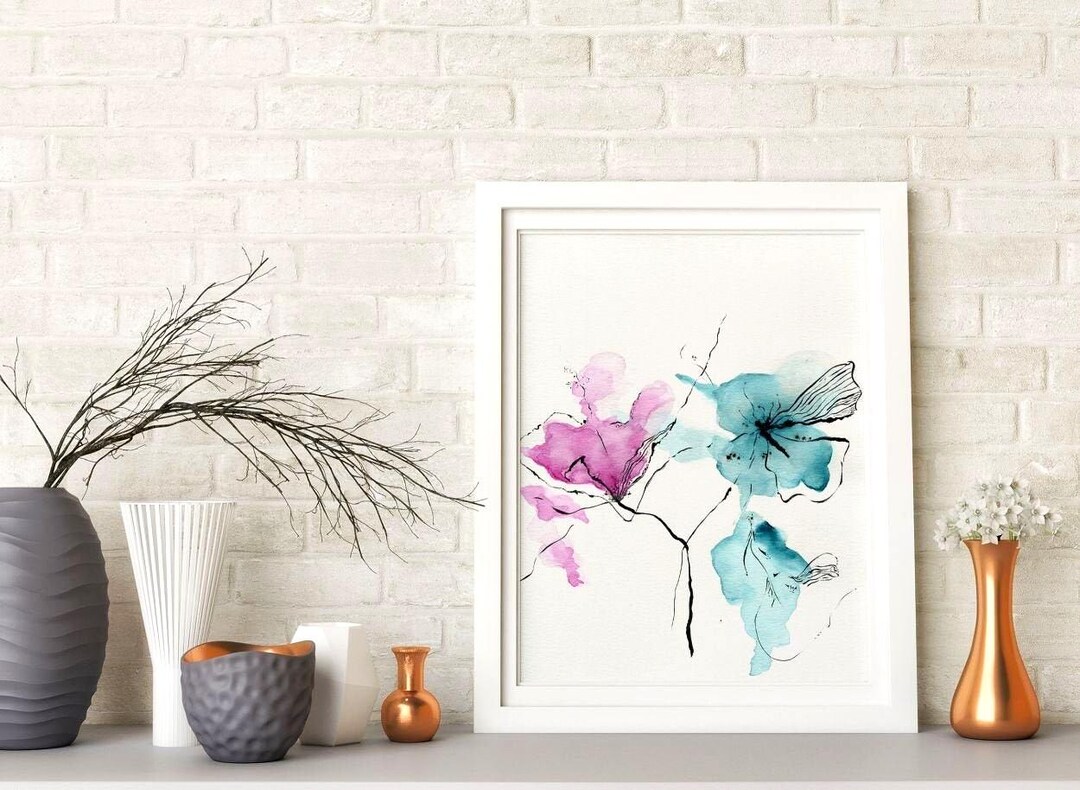 Arte de pared grande con flor rosa y verde azulado, pintura abstracta ...