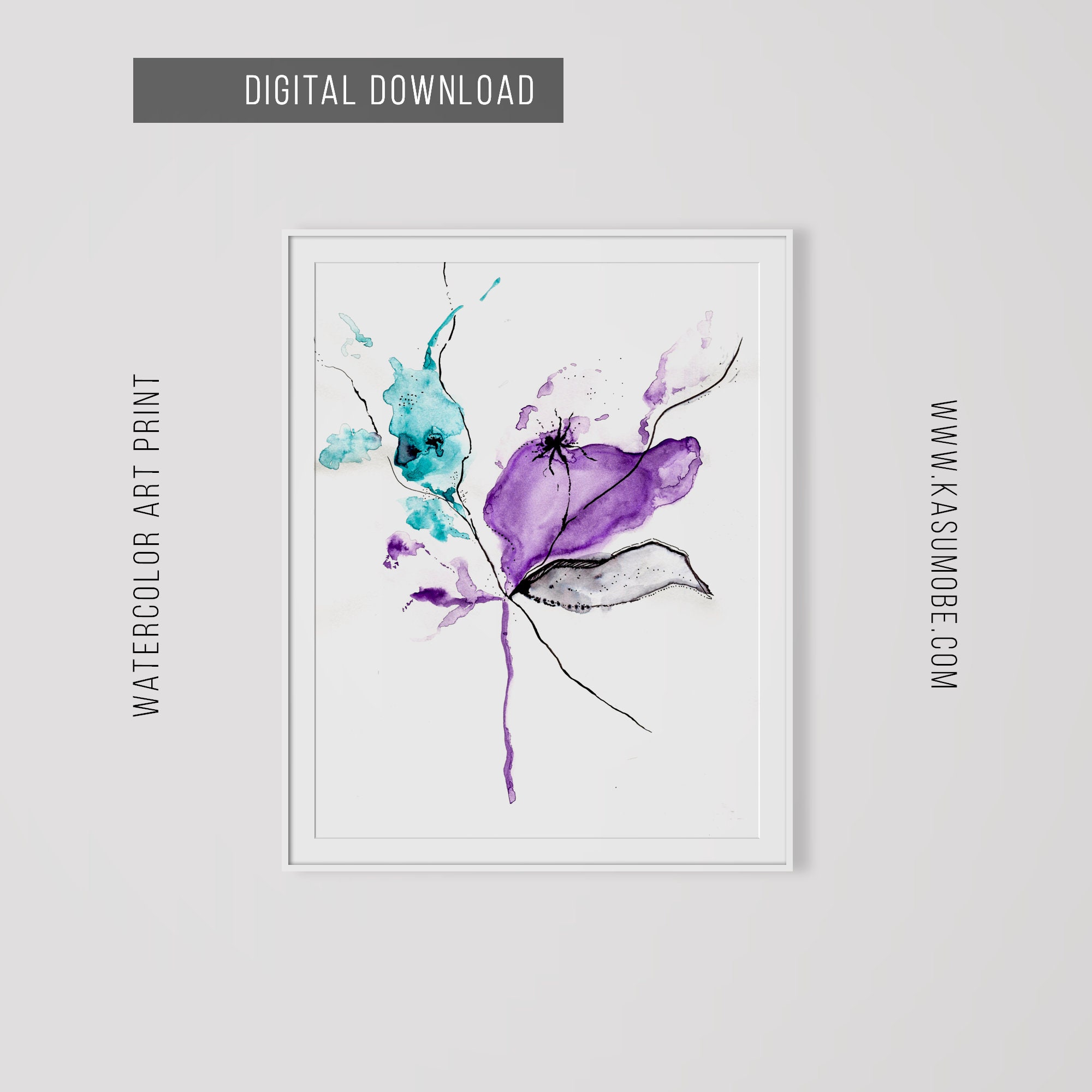 Teal and Purple Flower Abstract Watercolor Painting - Digital Download ...