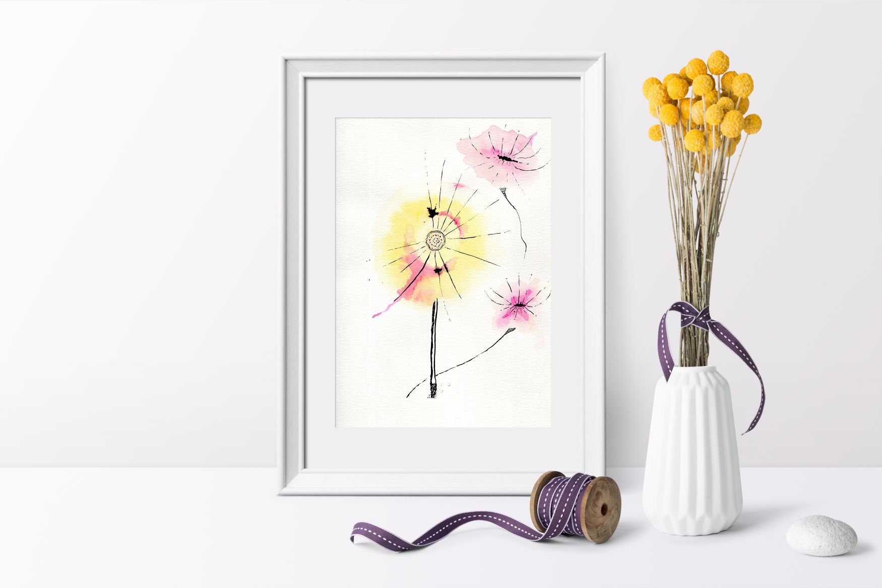 Yellow Dandelion Flower Watercolor Painting, Printable Wall Art, Large ...