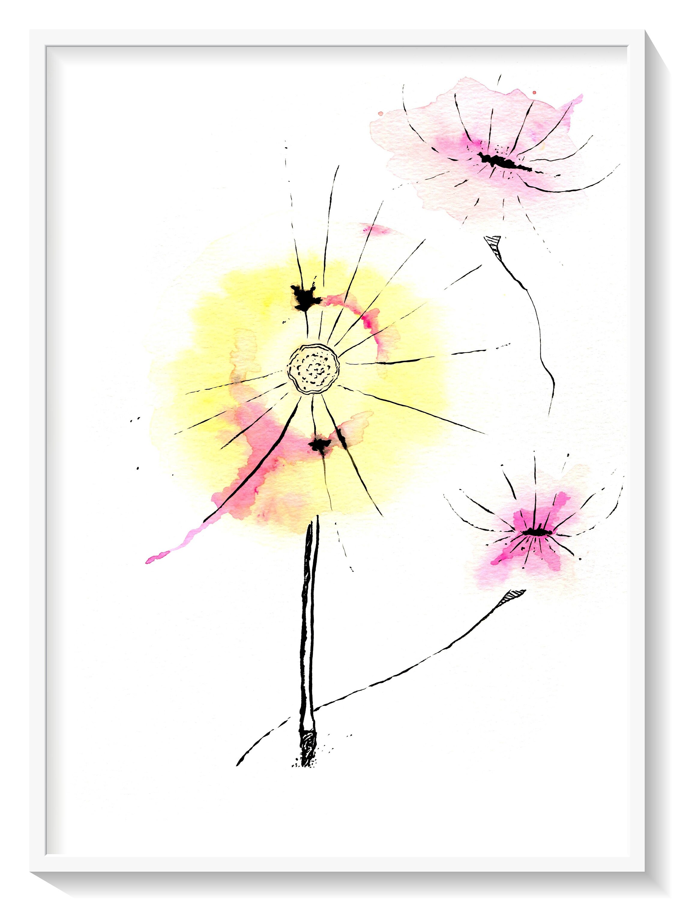 Yellow Dandelion Flower Watercolor Painting, Printable Wall Art, Large ...