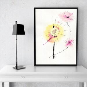 Yellow Dandelion Flower Watercolor Painting, Printable Wall Art, Large ...