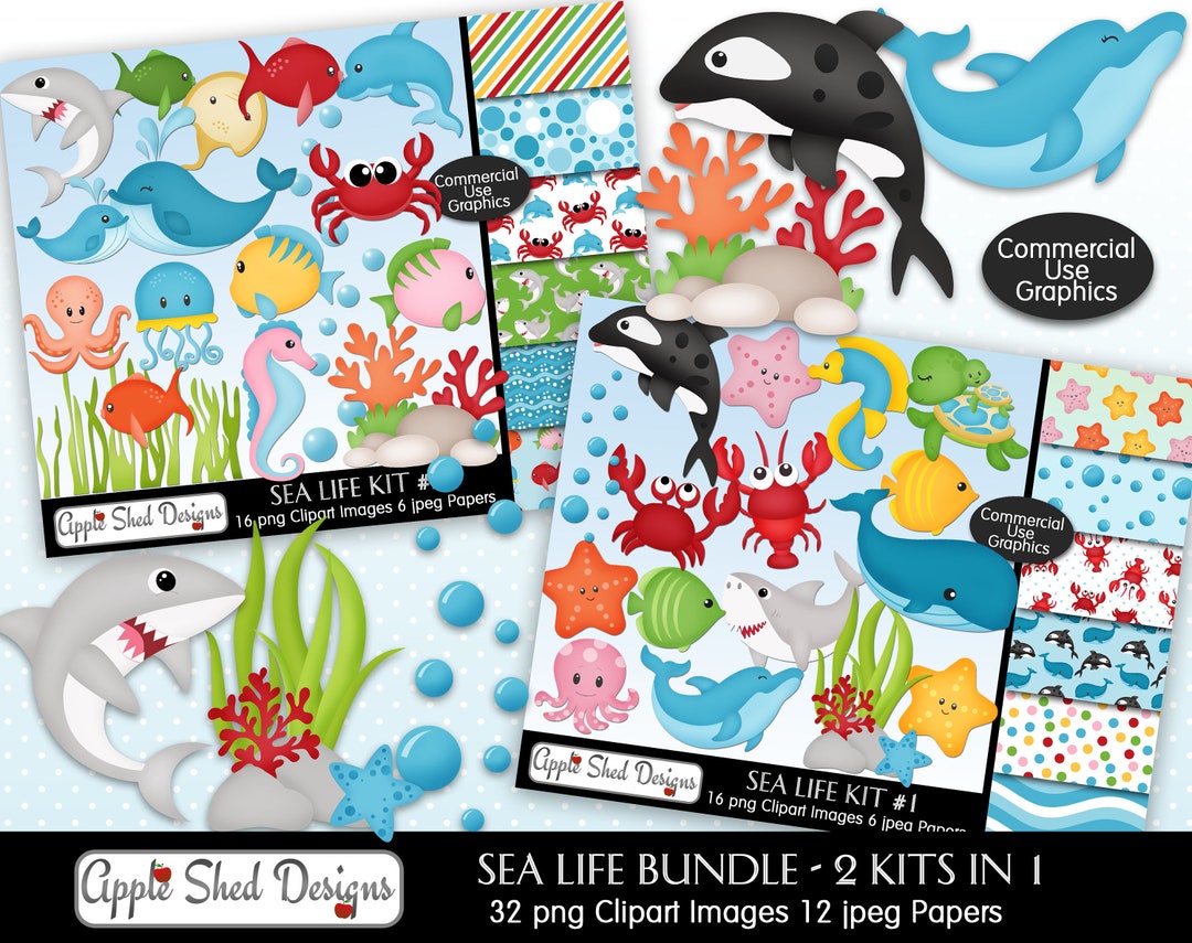SEA LIFE BUNDLE Digital Clipart & Papers 32 Clipart and 12 - Etsy