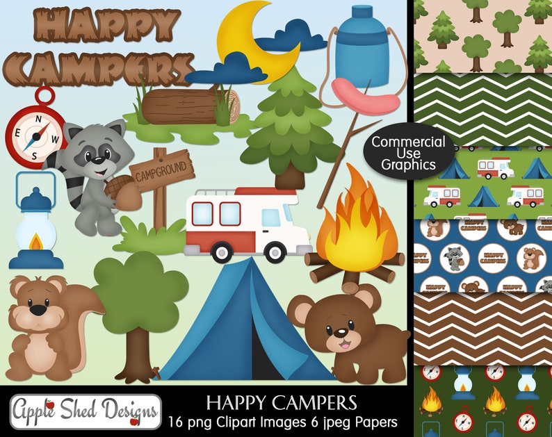 HAPPY CAMPERS Digital Clipart & Papers 16 Clipart and 6 - Etsy