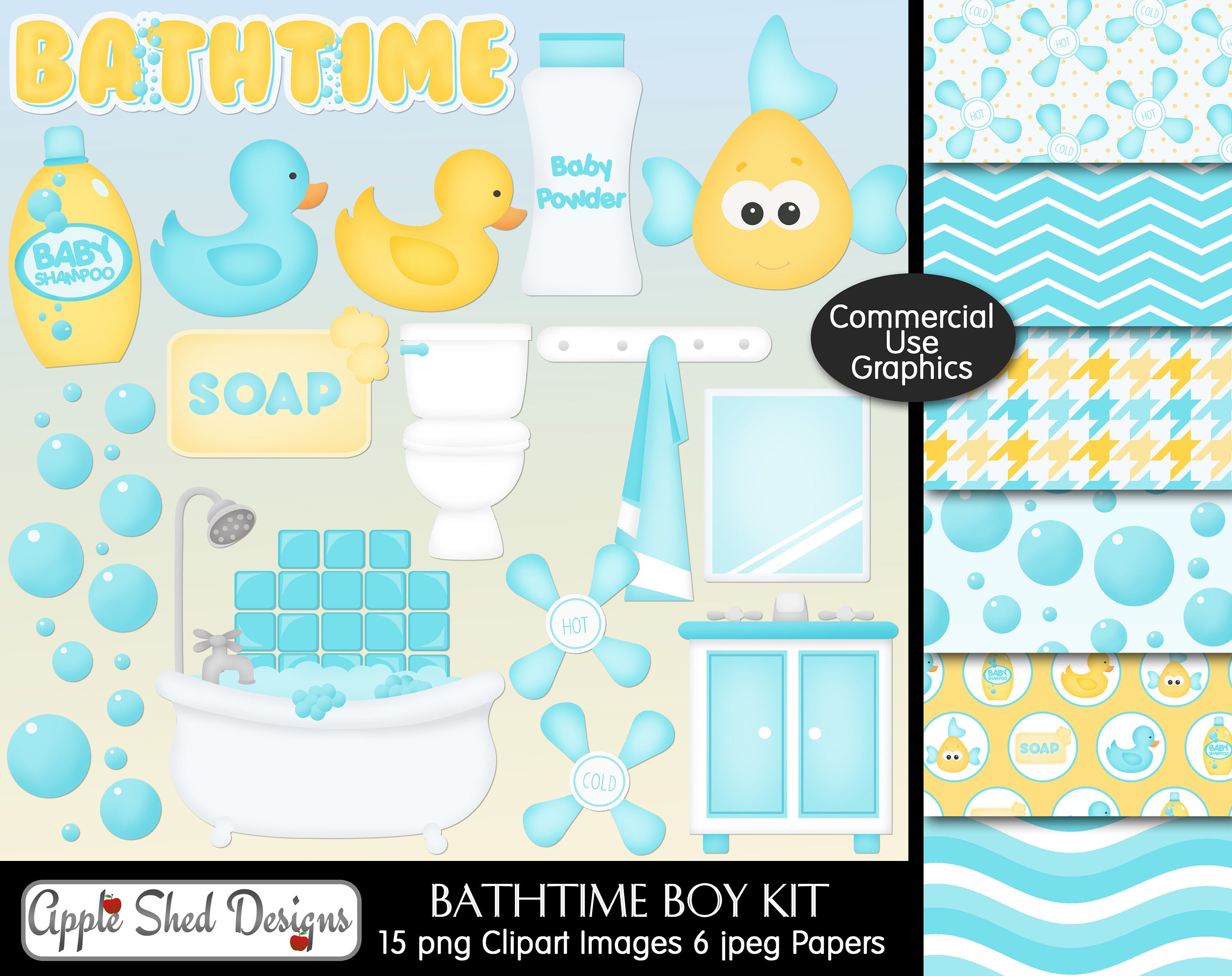 BATH TIME boy Digital Clipart & Papers 15 Clipart and 6 - Etsy