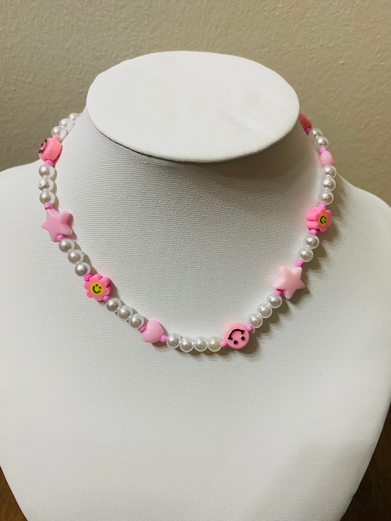 Pink Funky Smiley Face Star Heart and Flower Pearl Beaded | Etsy