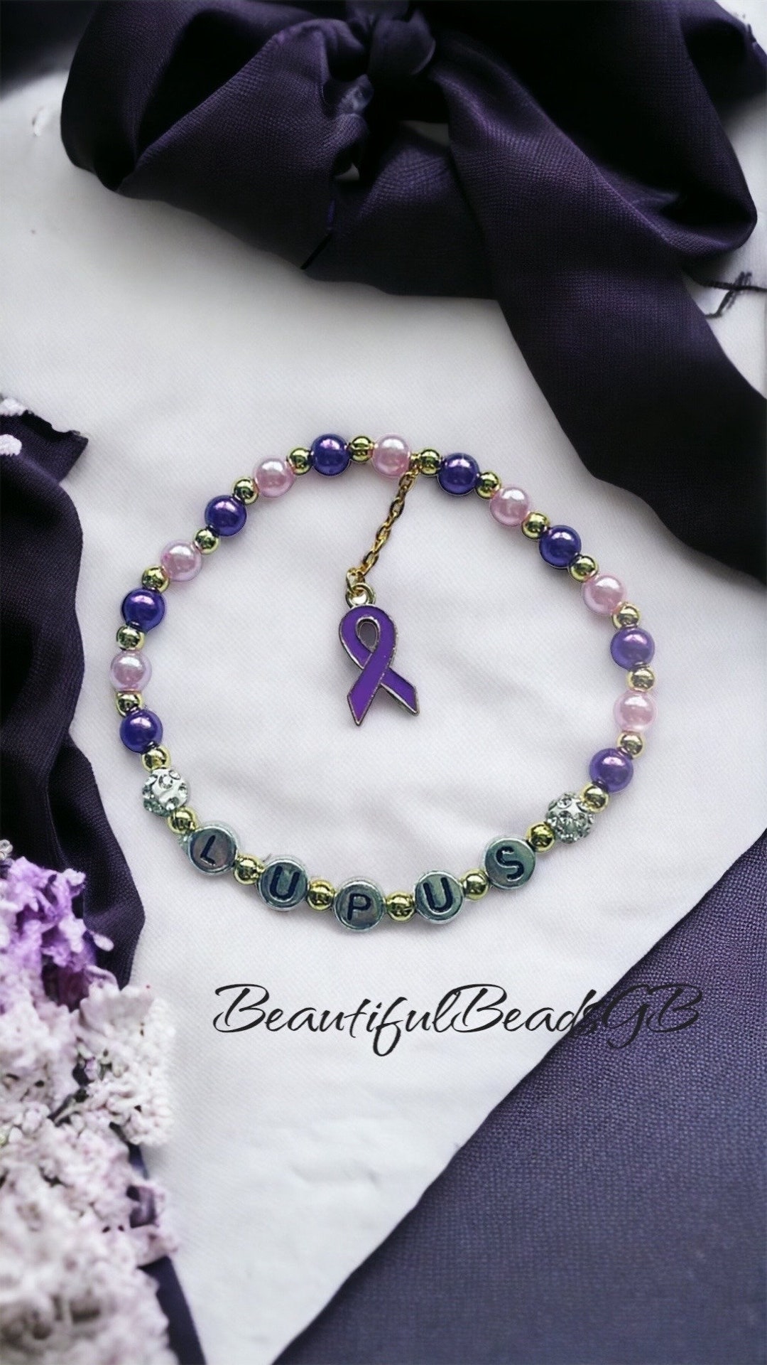 Lupus Awareness Purple Ribbon Charm Support Stretch Beaded Shamballa Bracelet Gift Costume ...