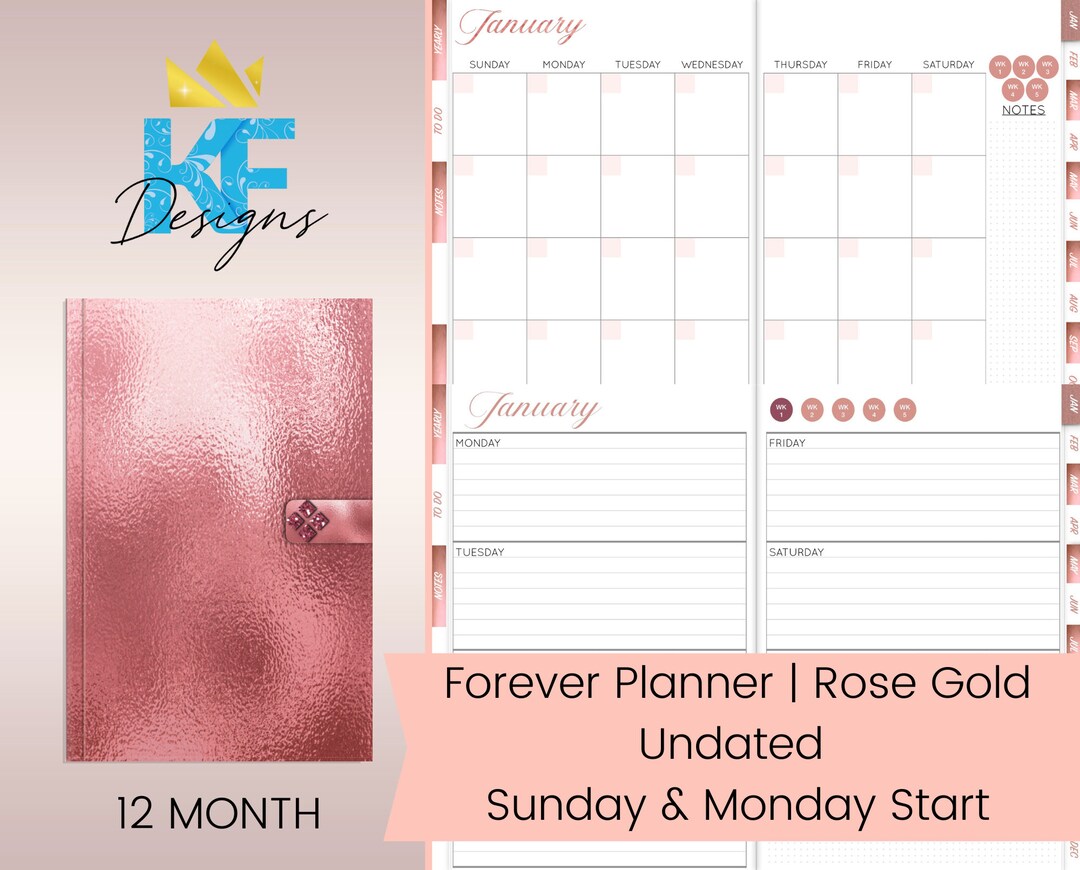The Forever Planner Minimalist Digital Planner 12 Month Rose Gold ...