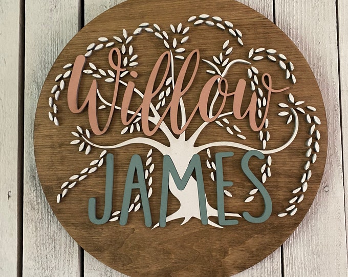 Willow Tree Theme Nursery Round Wooden Sign | Personalized Decor | 3D ...