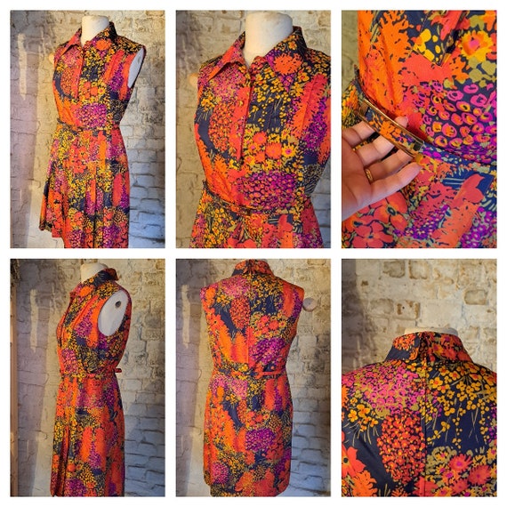1960s early 70s Orange Silk Floral Pattern Shift Dres… - Gem