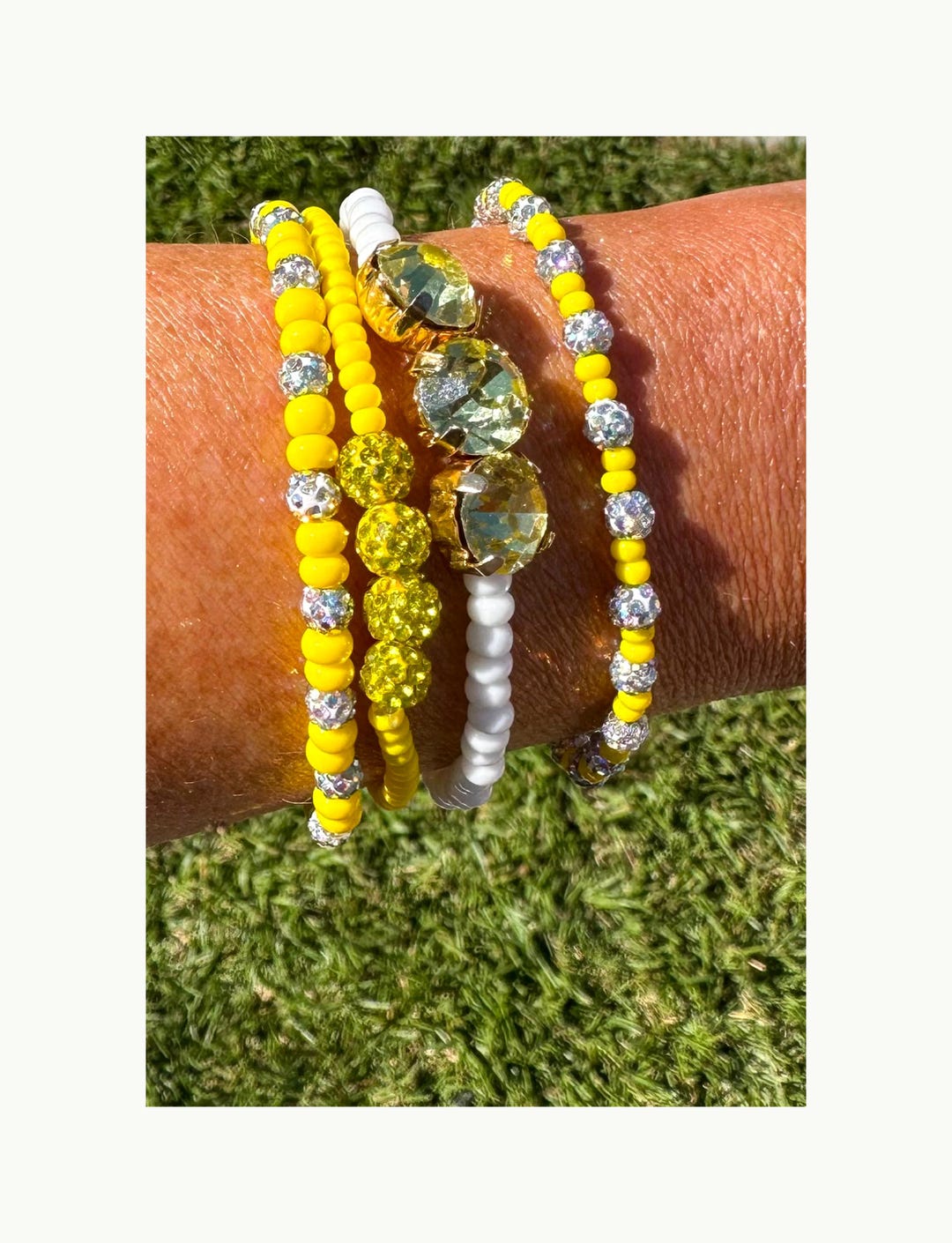 Yellow and White Rhinestone Stretch Bracelet Stack, Women's Stackable ...