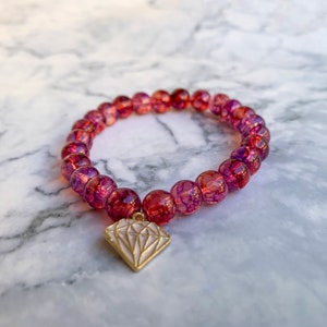 Hot Pink Diamond Charm Stretch Bracelet Stack, Rhinestone Bracelet ...