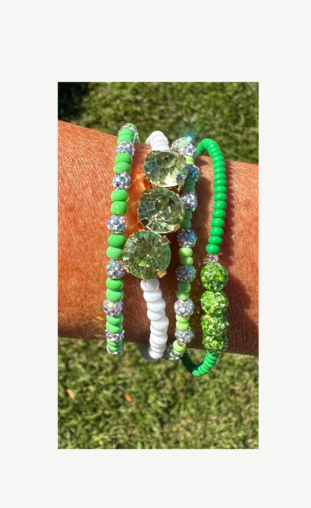 Green and White Rhinestone Bracelet Stack, Women's Bracelet Stack - Etsy