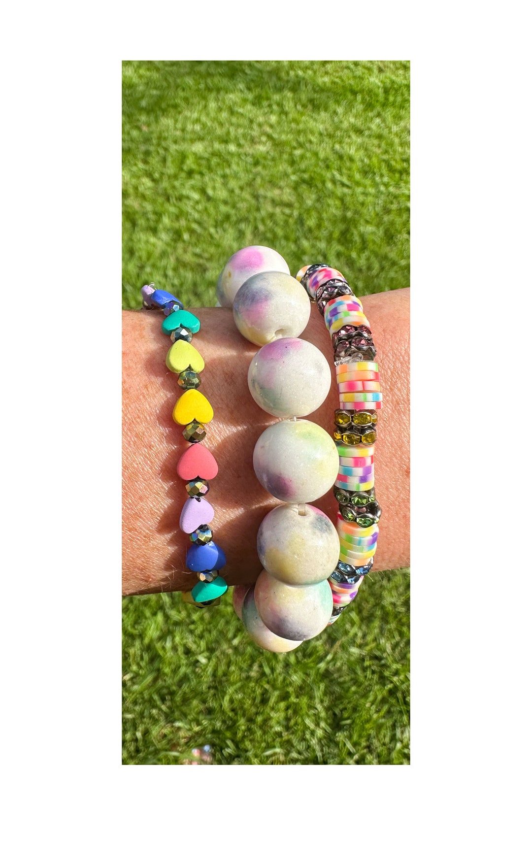 Rainbow Stretch Bracelet Stack, Pastel Hematite Bracelet Stack, Heart ...