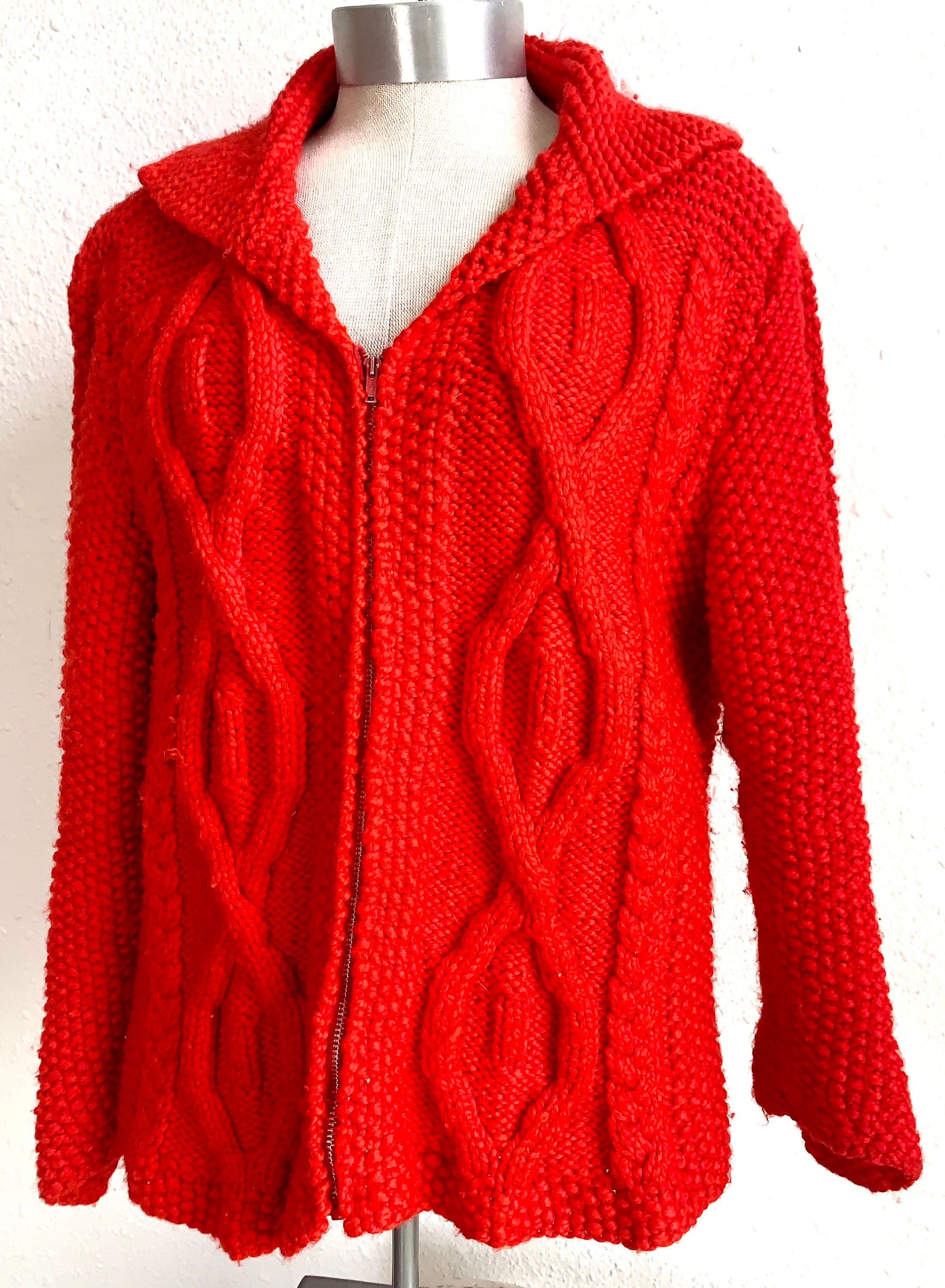 Vintage 60's Red Zip Front Shawl Collar COWICHAN CARDIGAN SWEATER Cable ...