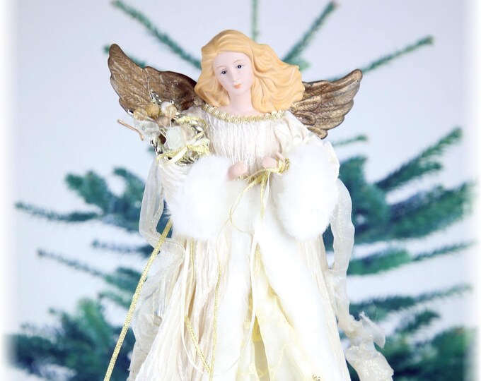 Vintage Sweet Face Golden Angel Tree Topper Large Christmas Ornament ...