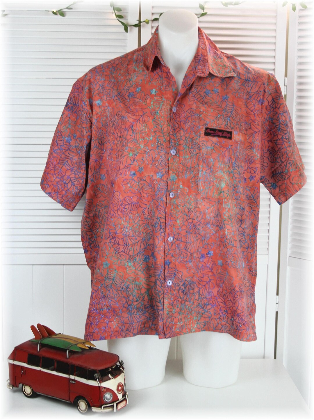 Men's Batik Beach Red Blue Cocos Surf Shop Short Sleeve Shirt Size ...