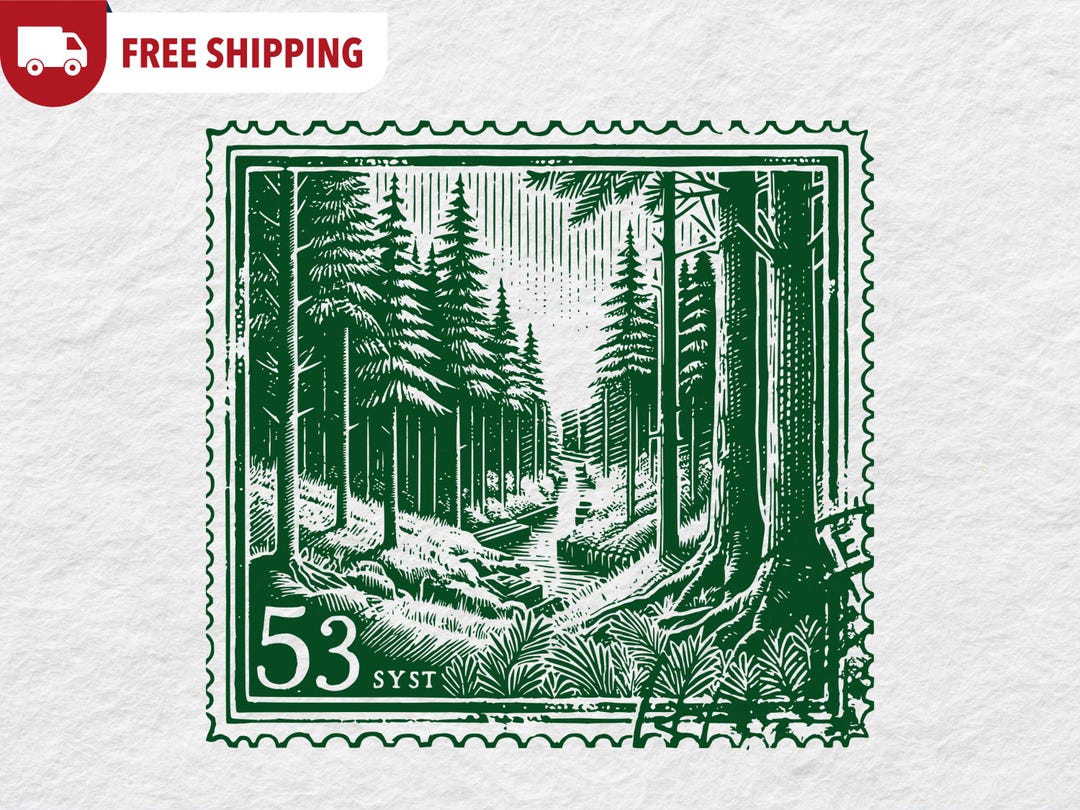 Forest Illustration in a Vintage Stamp Sticker - Mother Nature Lover ...