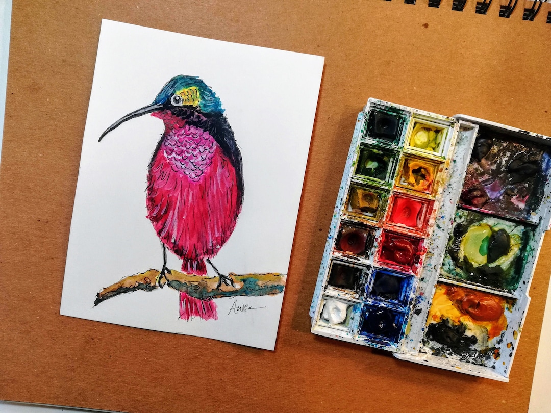 Purple Sunbird Original Watercolor Bird Painting Wildlife Artwork ...