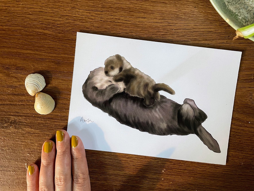 Mom and Baby Sea Otter Drawing Art Print - Etsy