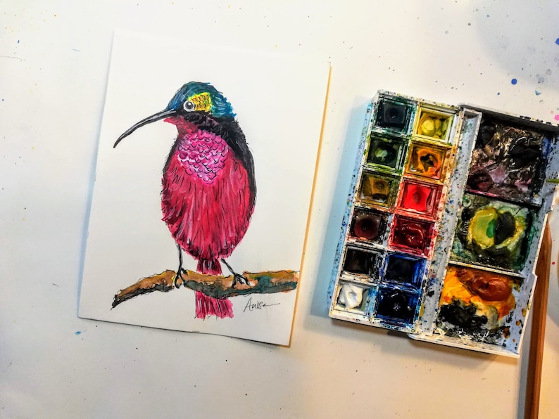 Purple Sunbird Original Watercolor Bird Painting Wildlife Artwork ...