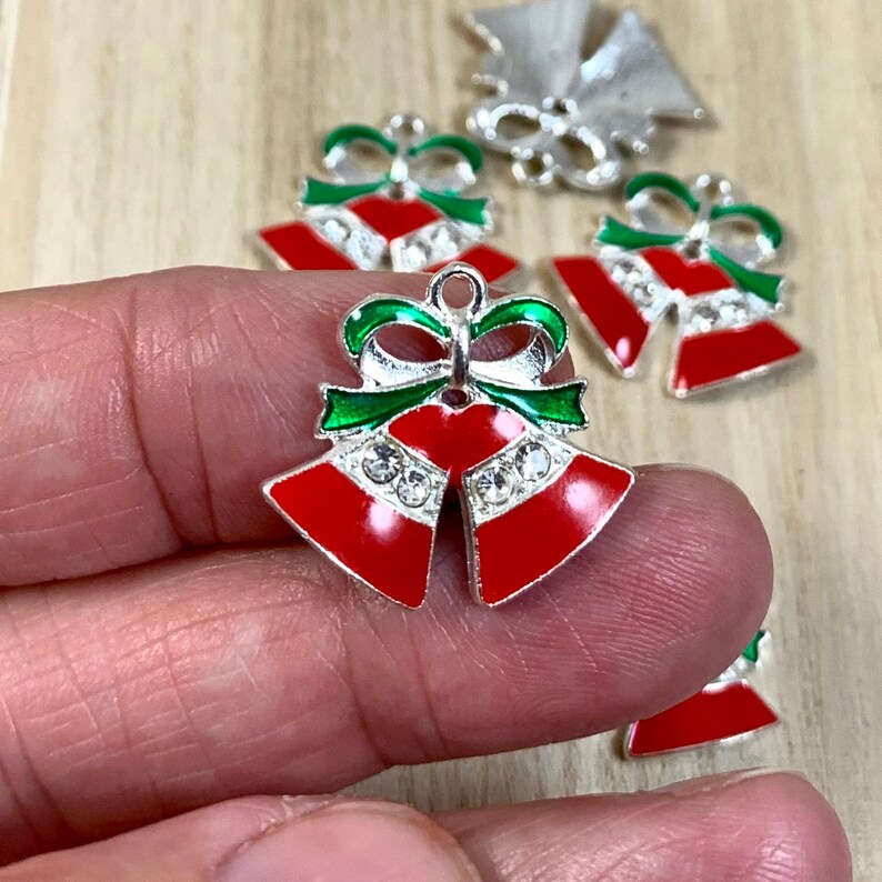 Sparkly Christmas Bell Charms Red Enamel Bell Charms Silver - Etsy
