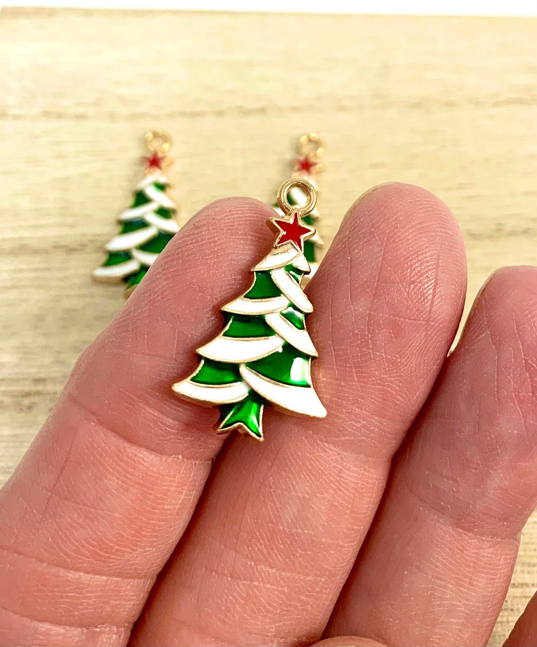 Snowy Christmas Tree Charms, Enamel Christmas Charms, Tree Charms, Gold ...