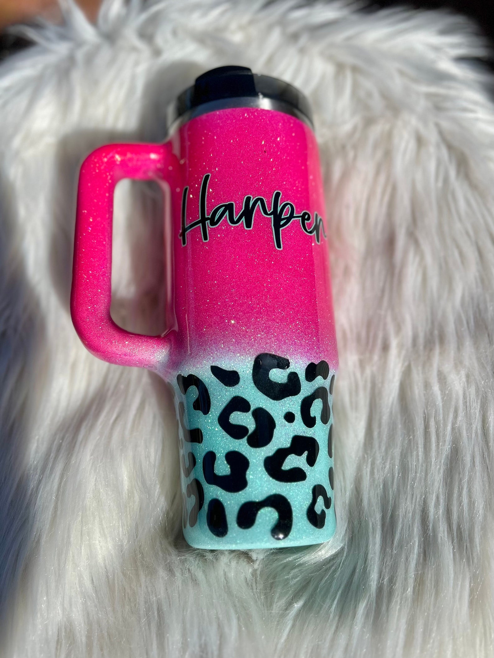 Pink + Turquoise Cheetah 40 Oz Hot Pink Glitter Tumbler With Handle ...