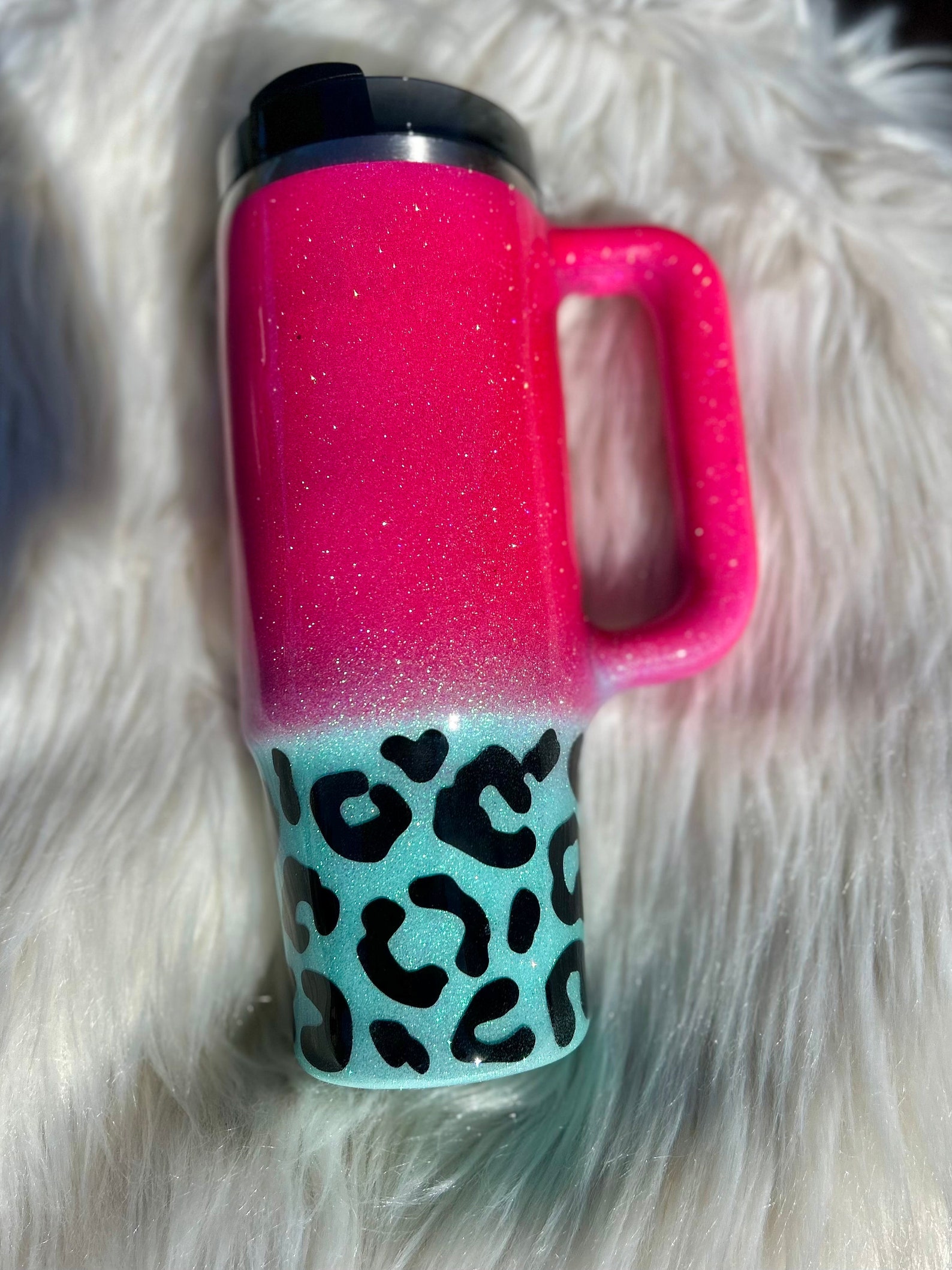 Pink + Turquoise Cheetah 40 Oz Hot Pink Glitter Tumbler With Handle ...