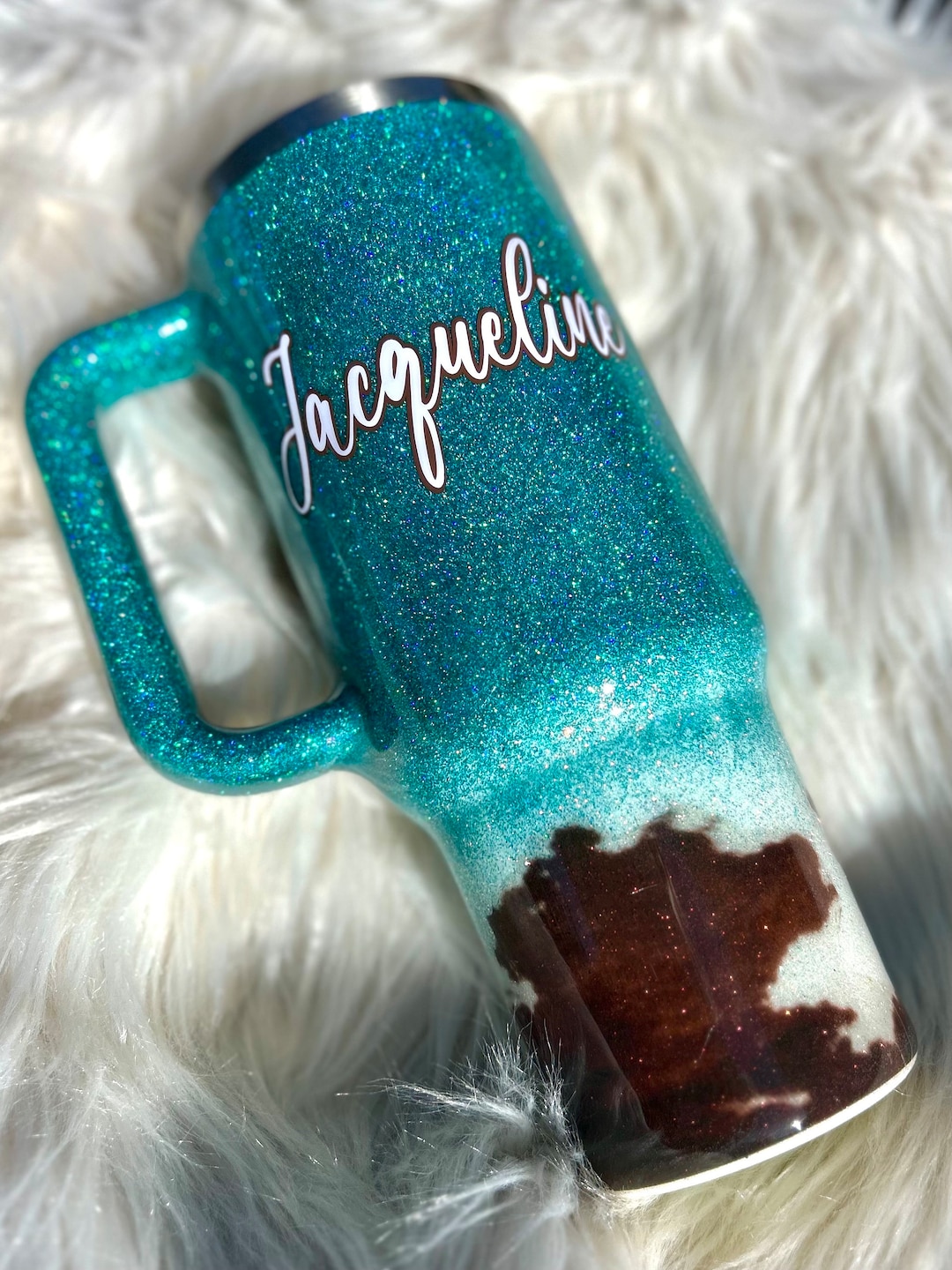 Turquoise Cowhide 40 Oz Glitter Tumbler With Handle | Stanley - Etsy