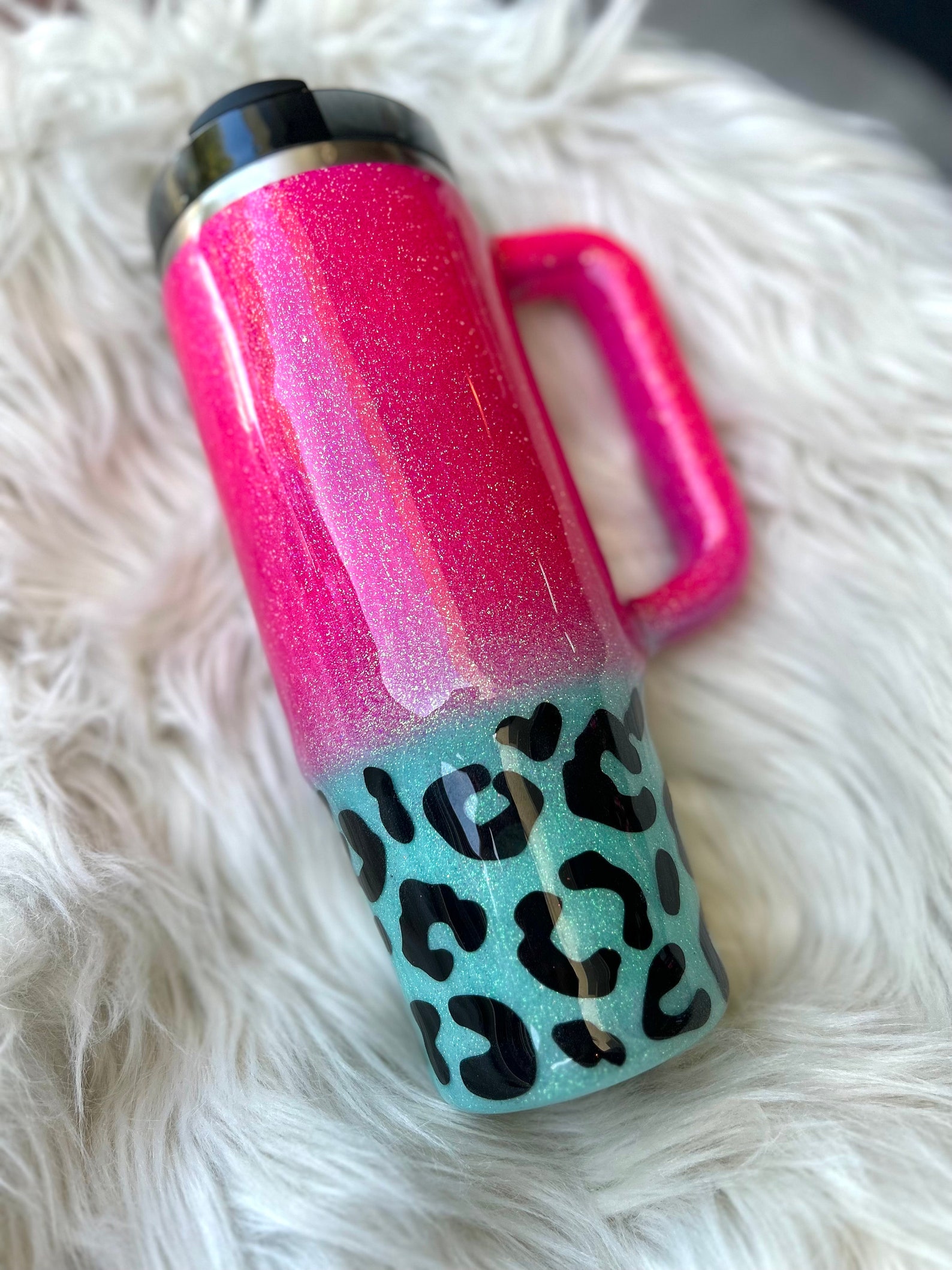 Pink + Turquoise Cheetah 40 Oz Hot Pink Glitter Tumbler With Handle ...