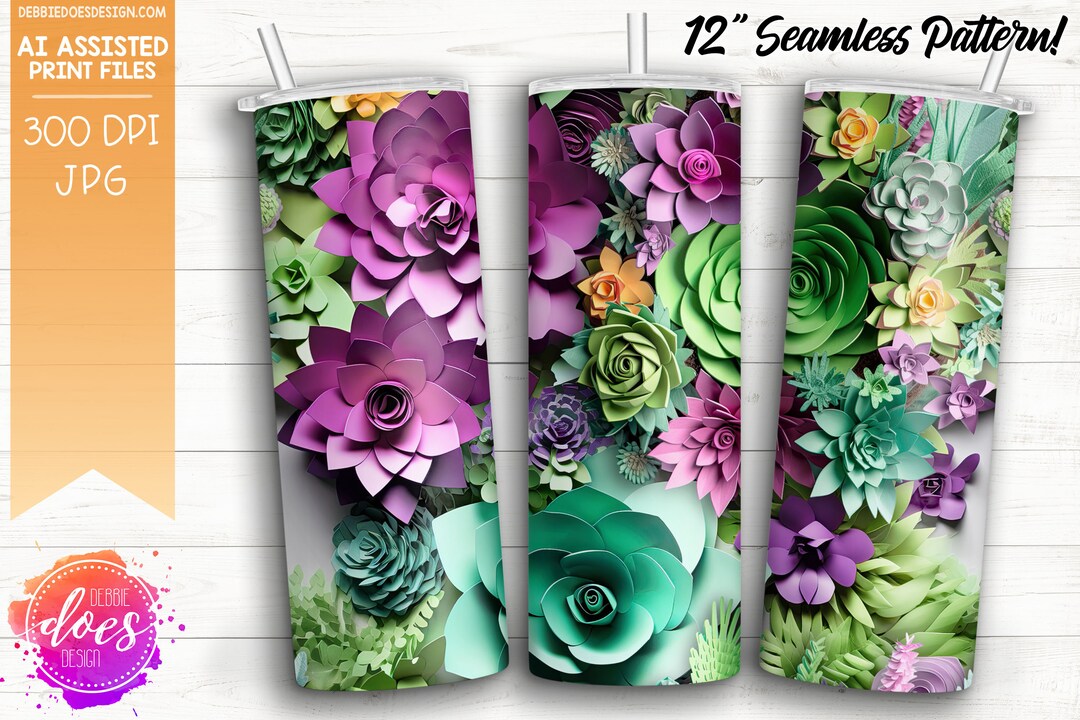 3D Paper Art Green Purple Succulents Seamless Pattern | 3D Tumbler Wrap ...