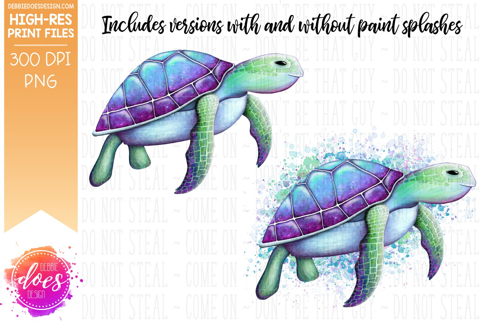 Hand Drawn Sea Turtle Blue Purple 2 Versions - Etsy