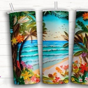 3D Paper Quilling - Beach Scene With Flowers - 3D Tumbler Wrap ...
