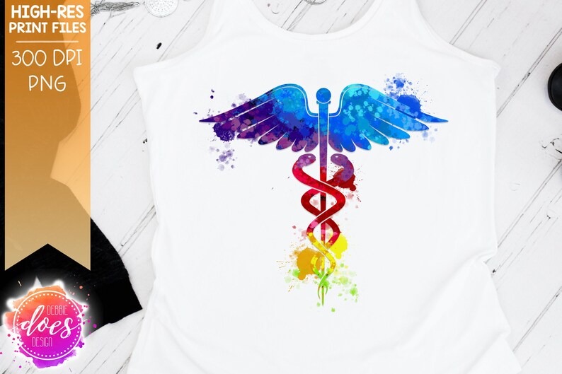 Watercolor Rainbow Medical Caduceus Sublimation Print | Etsy