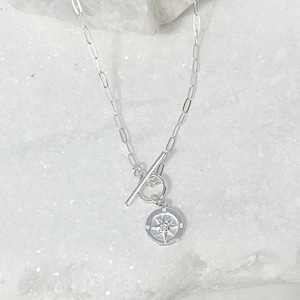 Sterling Silver Compass Necklace, Paperclip Chain Necklace With Toggle ...