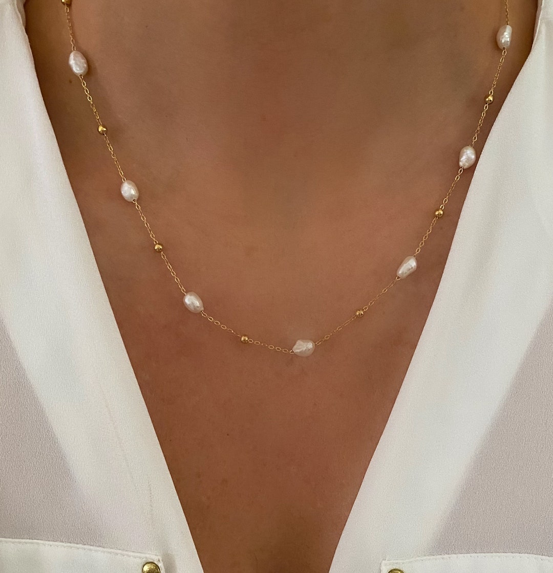 Pearl Necklace, Satellite Pearl Chain Necklace, Gold Necklace, Layering ...