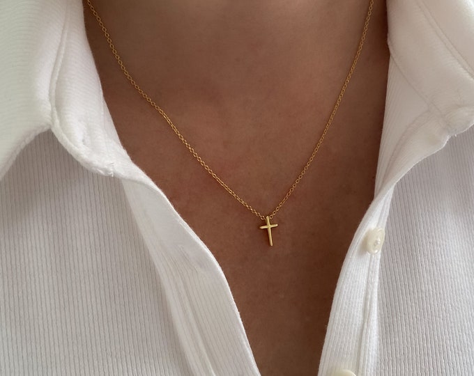 Simple Skinny Gold Cross Necklace - 14K Gold Fill Chain, Christian ...