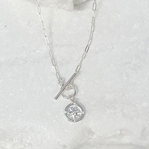 Silver Compass Necklace, Paperclip Chain Necklace With Toggle Closure ...