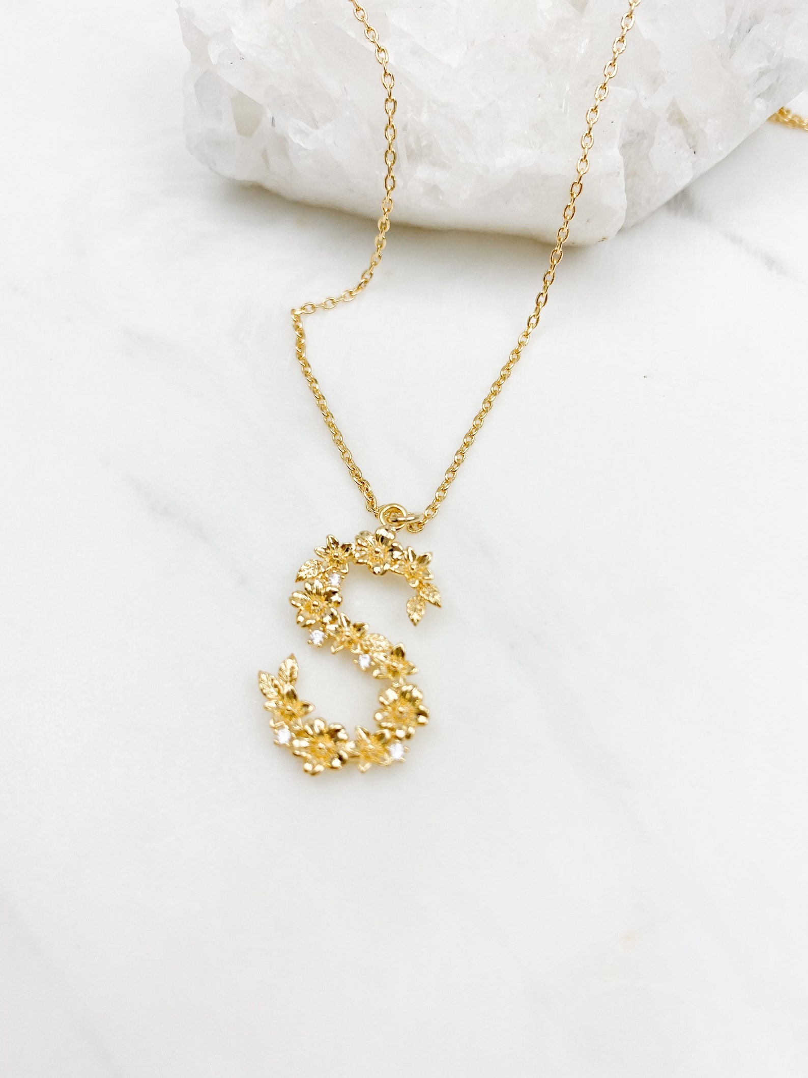 Big Letter Necklace Flower Necklace Initial Necklace Gold - Etsy