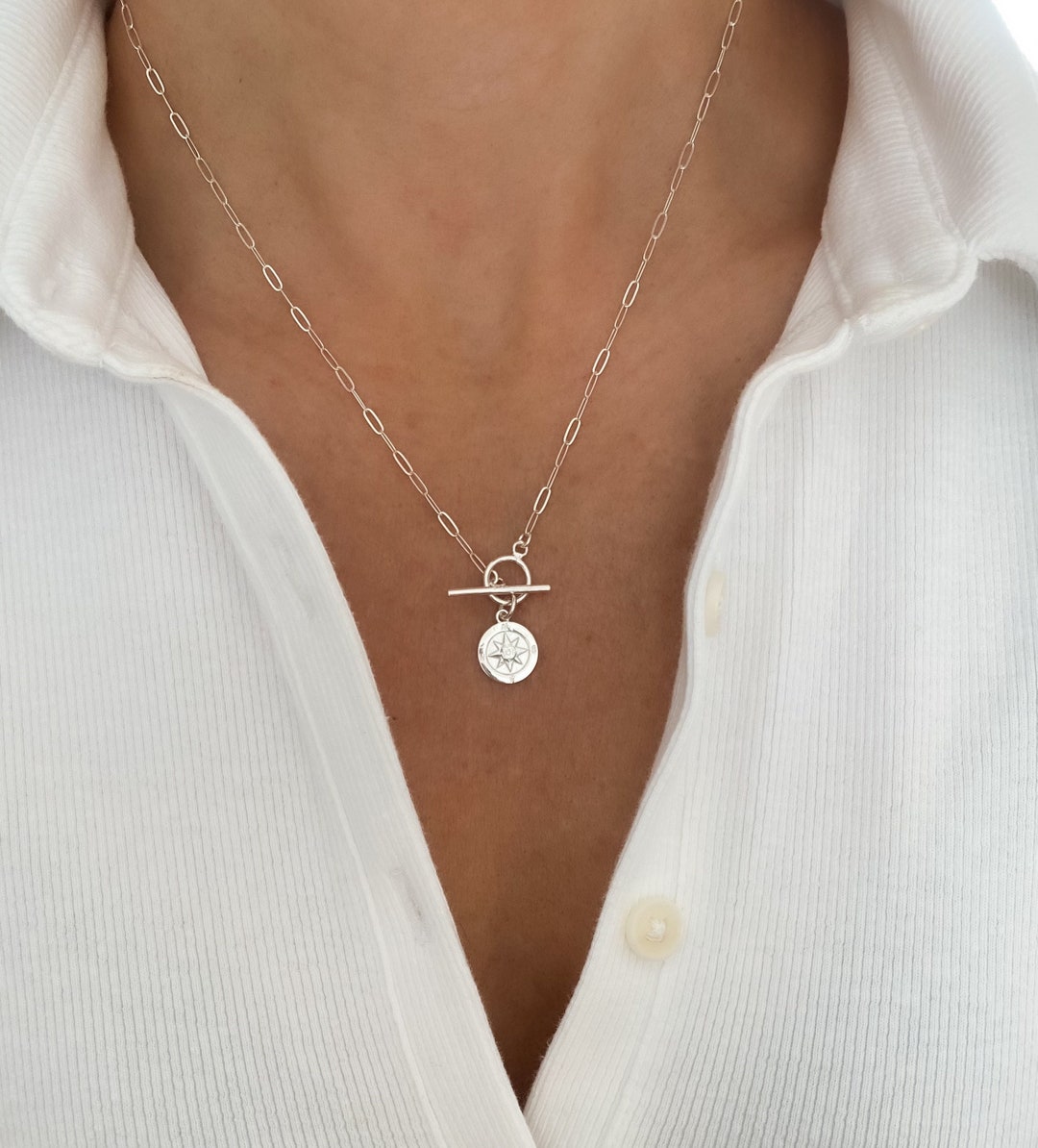 Sterling Silver Compass Necklace, Paperclip Chain Necklace With Toggle ...