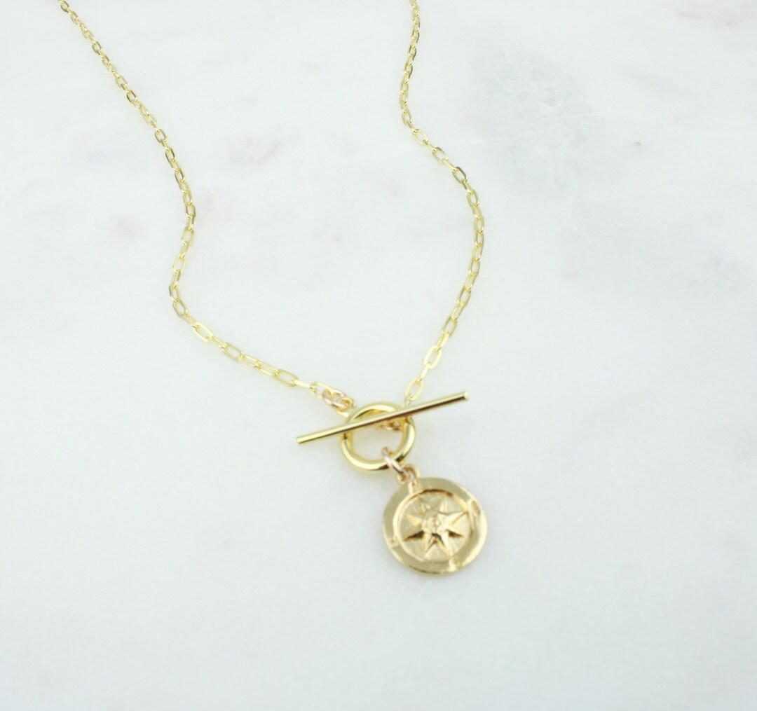 Gold Compass Necklace, Paperclip Chain Necklace With Toggle Closure ...