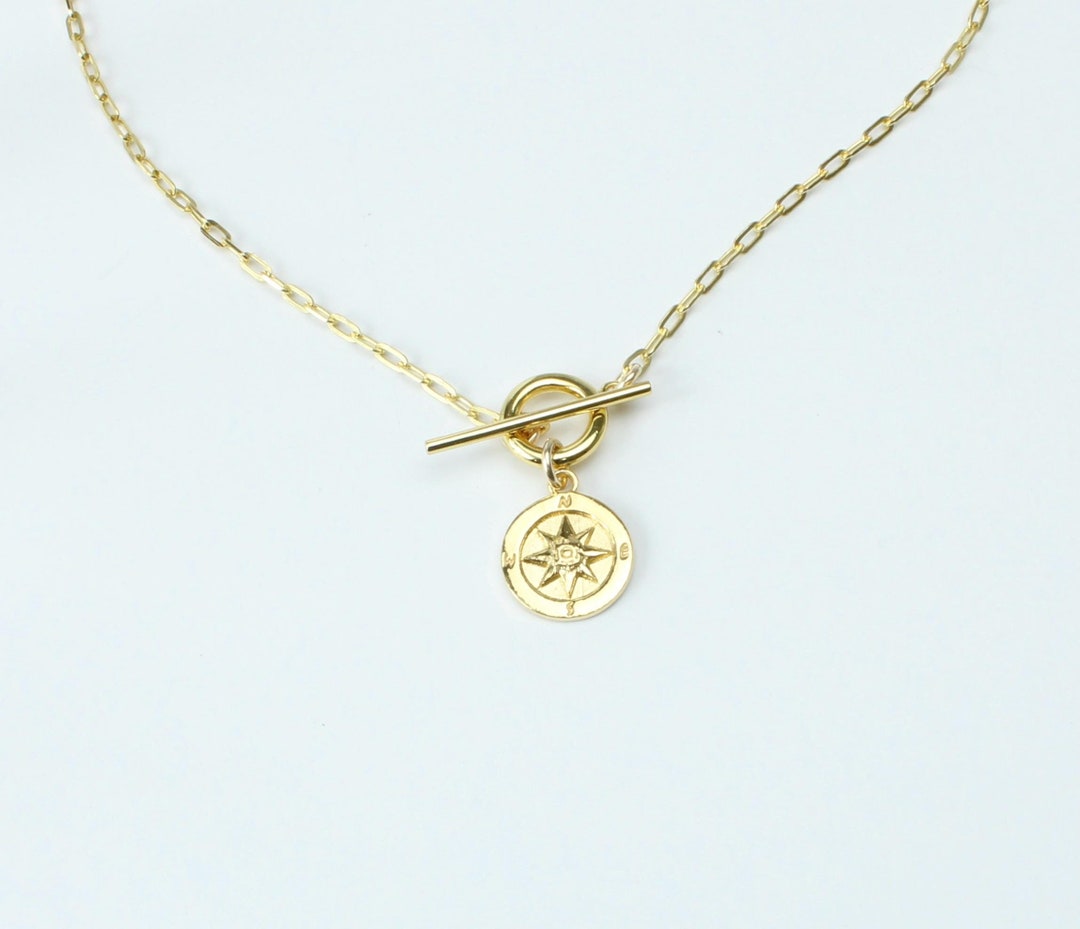 Gold Compass Necklace, Paperclip Chain Necklace With Toggle Closure ...
