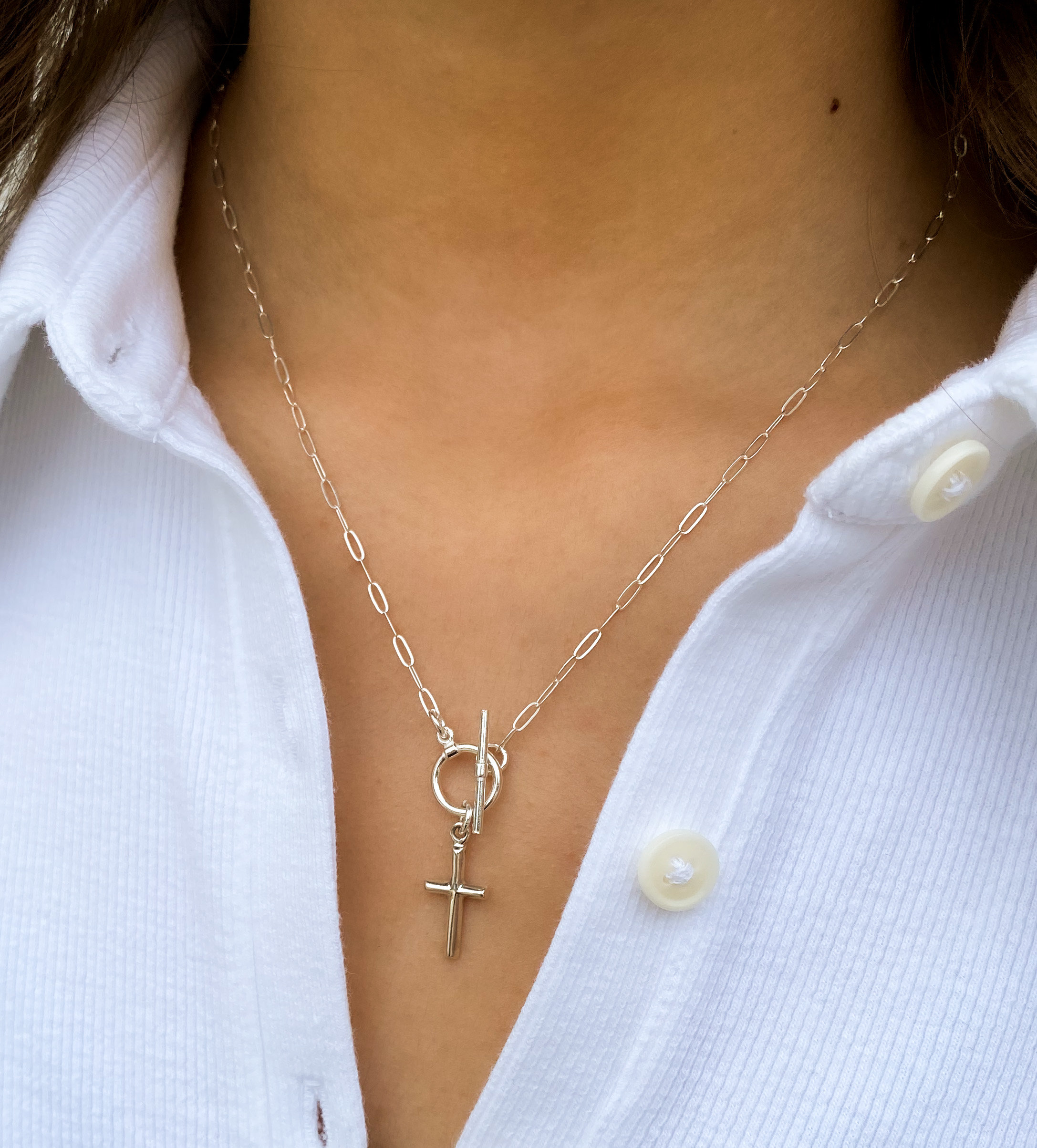Silver Cross Necklace, Dainty Paperclip Chain, Toggle Clasp, Cross ...